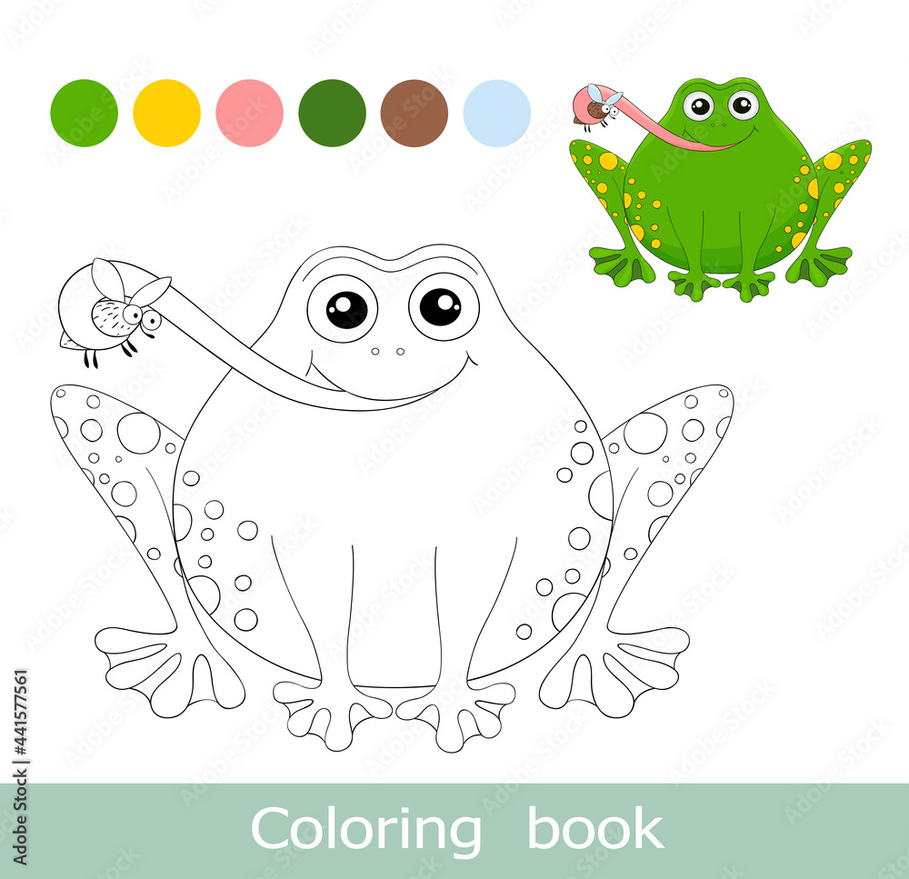 Cartoon frogs coloring book page with colorful template. Vector animal ...
