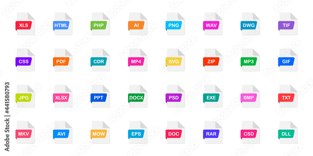 Set of file formats icons. File type icons. Format of documents and ...