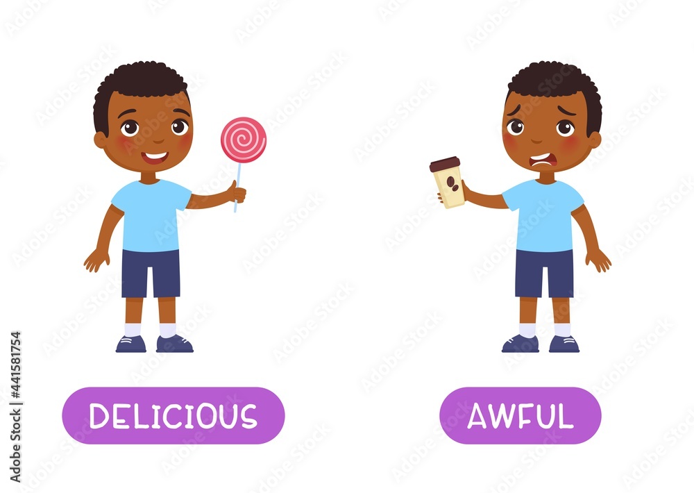 Delicious and awful antonyms word card, opposites concept. Flashcard ...