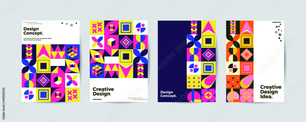 Colored neo geometric poster set. Modern grid flyer with geometric ...