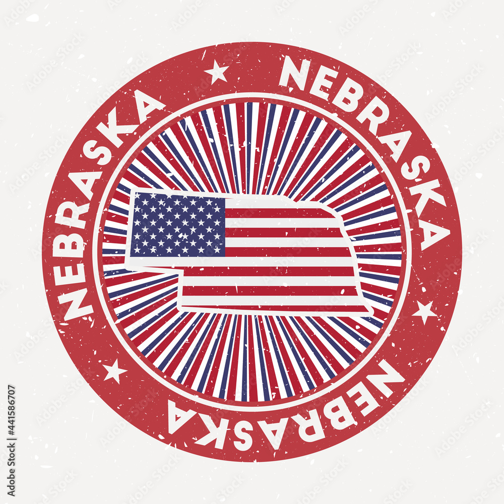 Nebraska round stamp. Logo of us state with flag. Vintage badge with ...