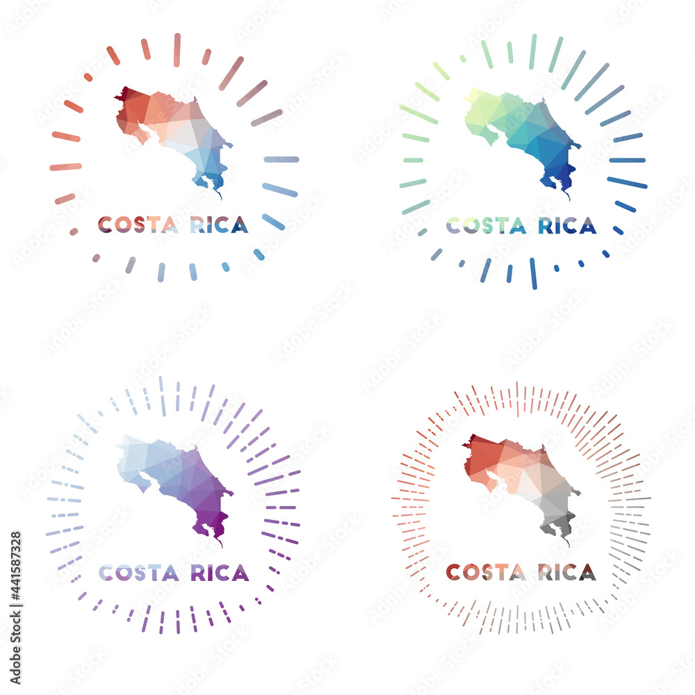 Costa Rica low poly sunburst set. Logo of country in geometric ...