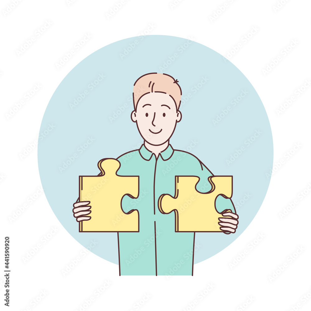 Solving business problems. Man makes puzzles. Idea of successful ...