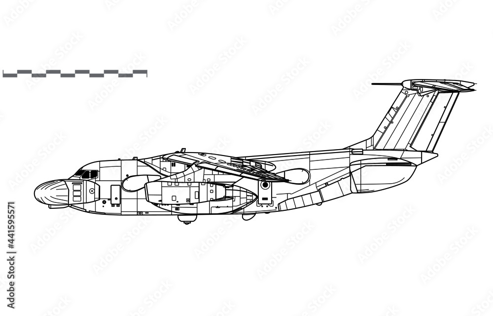 Kawasaki EC-1. Vector drawing of electronic warfare aircraft. Side view ...