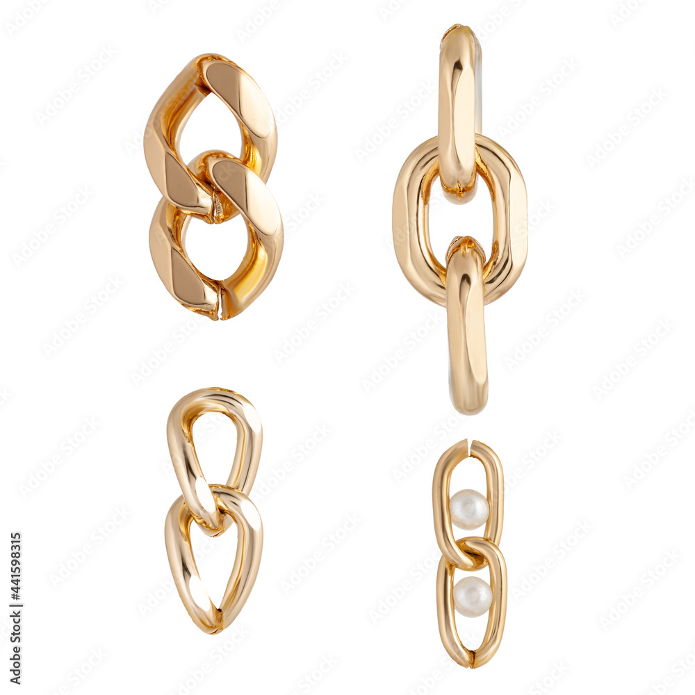 Parts of a metal gold chain for designers and layout. Isolated on white ...