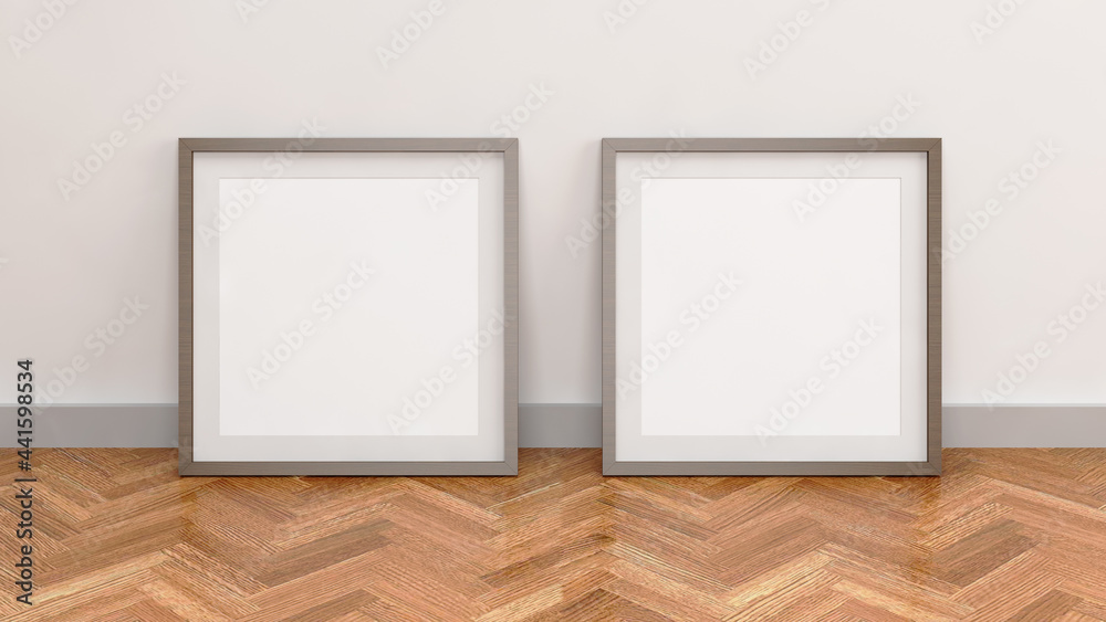 Two square picture mockup frames with a dark wooden border. Two empty ...