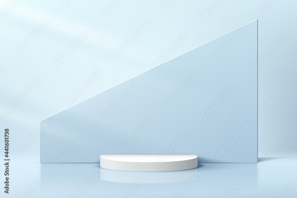 Modern white semi cylinder pedestal podium with geometric backdrop ...