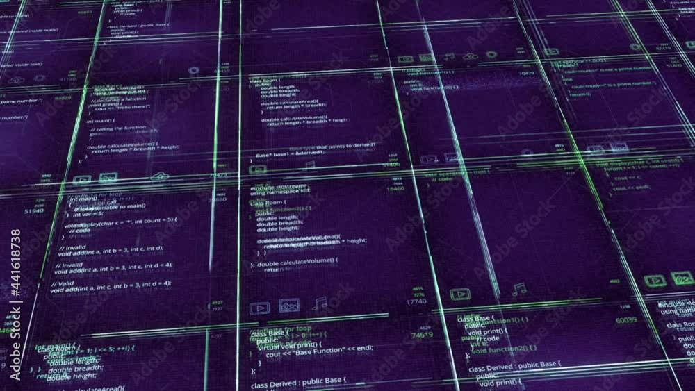 Streaming digital data abstraction with numbers and letters in rows of square shapes. Animation ...