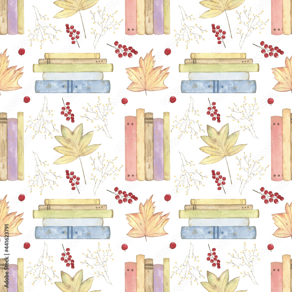 Seamless pattern with stacks of books with leaves, branches and berries ...