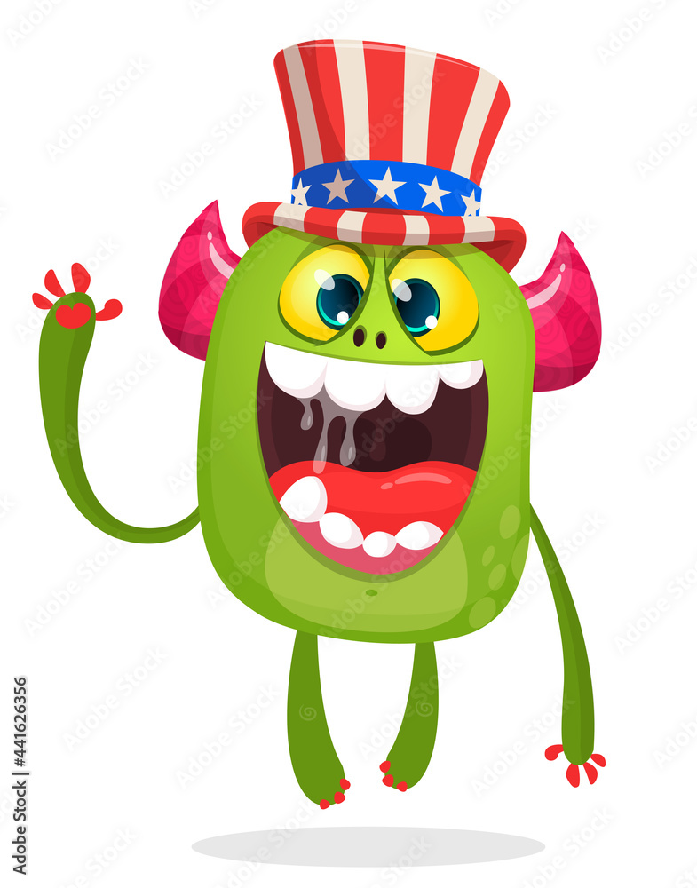 Cartoon funny monster wearing American uncle Sam hat on USA ...