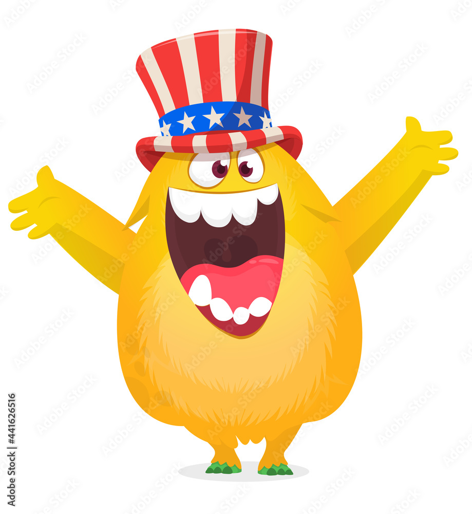 Cartoon funny monster wearing American uncle Sam hat on USA ...