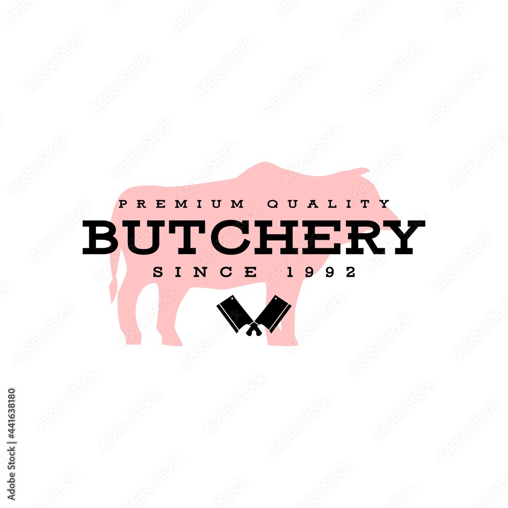 premium quality butchery text with a silhouette illustration of a cow ...