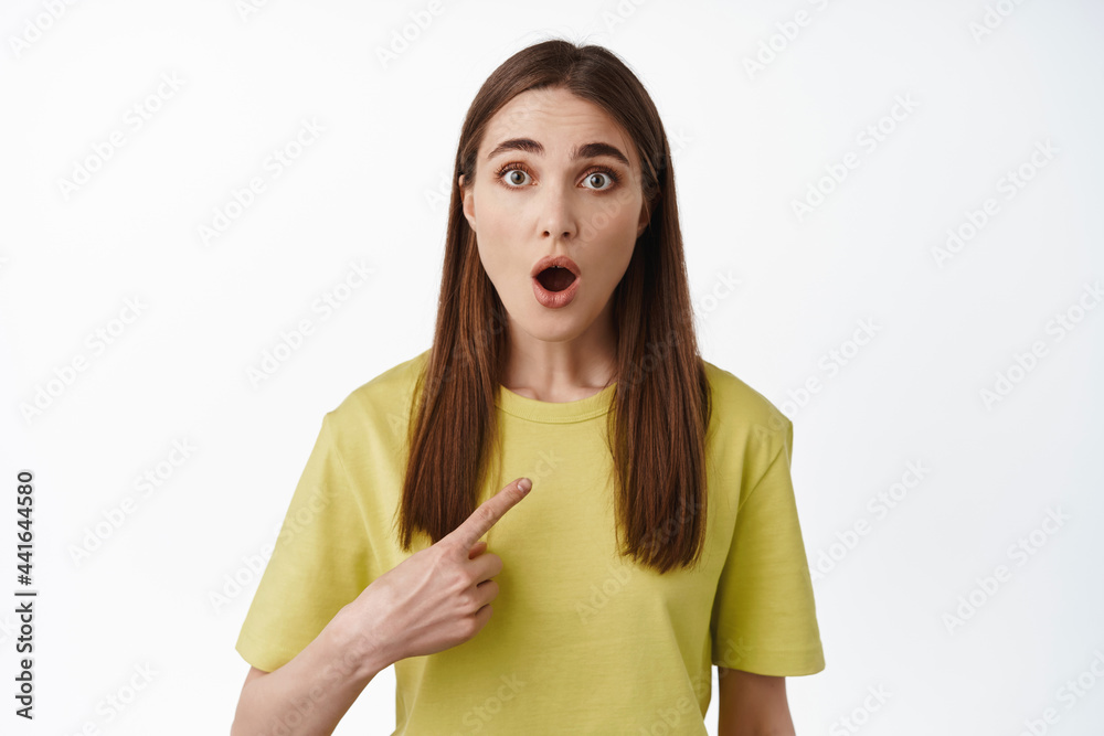 Image of surprised woman gasp, pointing at herself with disbelief, is ...
