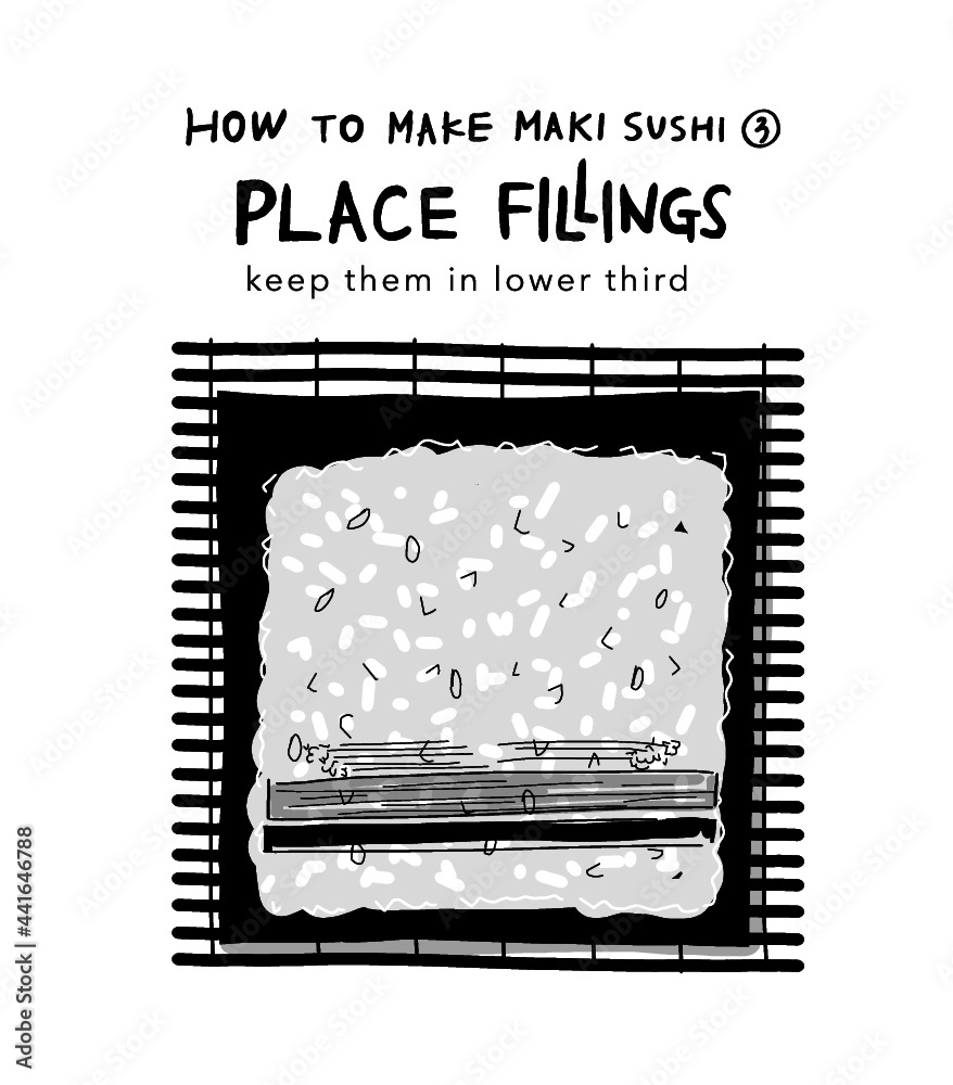 Hand drawn illustration of infographics of how to make sushi step 3 in ...