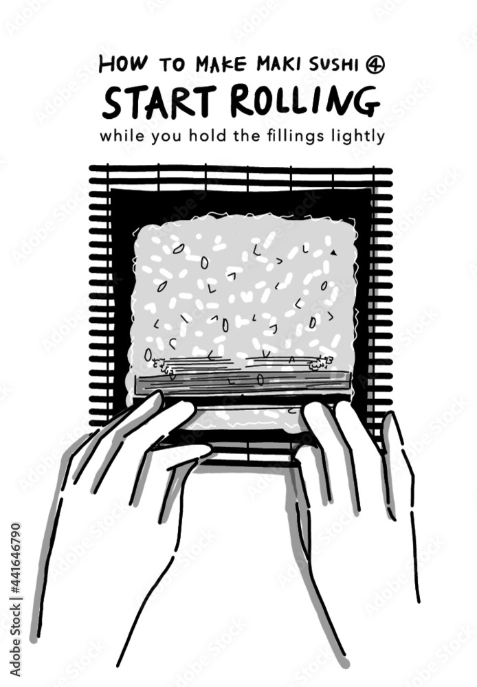 Hand drawn illustration of infographics of how to make sushi step 4 in ...