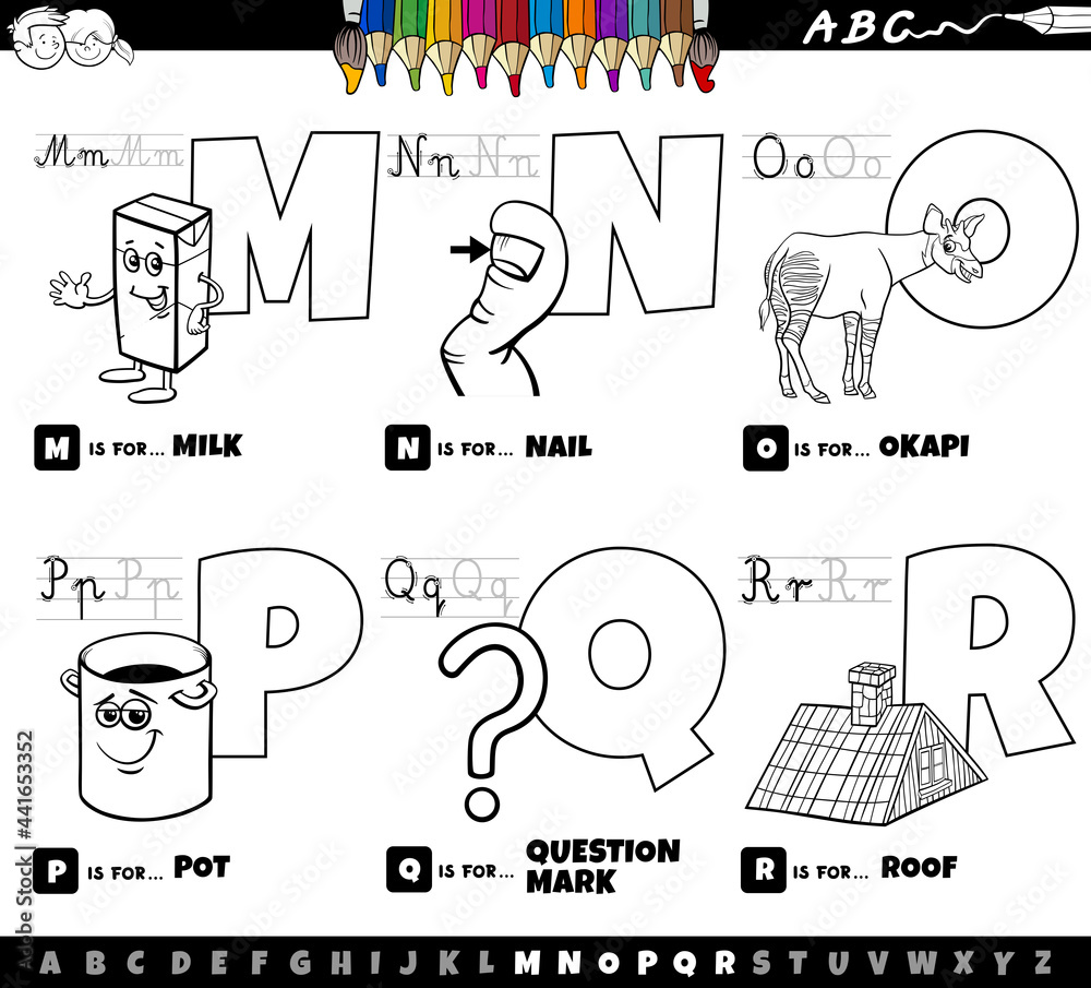 cartoon alphabet letters set from M to R coloring book page Stock ...