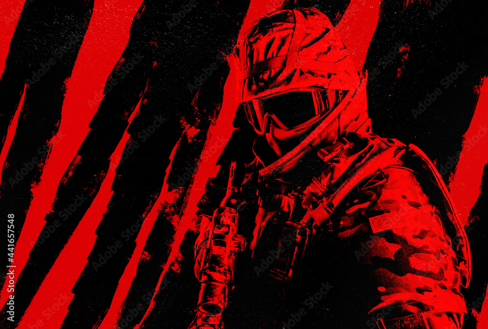 Red and black grunge stiped photo of soldier in ammunition armored ...