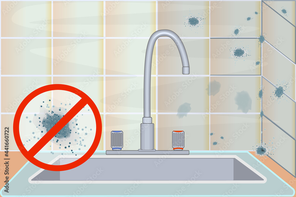 Vetor de Mold on ceramic tile and no mold sign. Mildew in kitchen. Dark ...