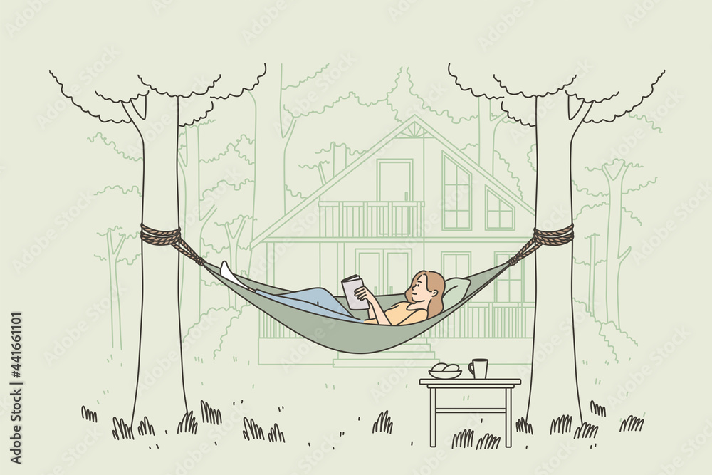 Relaxation, summer outdoor leisure concept. Happy girl cartoon ...