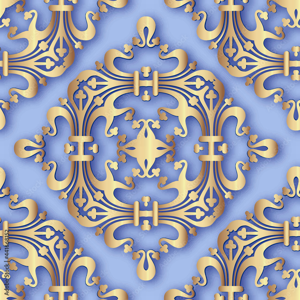 3d gold Damask seamless pattern. Modern ornamental vector background ...