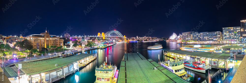 Panoramic night view of Sydney Harbour and City Skyline of circular ...