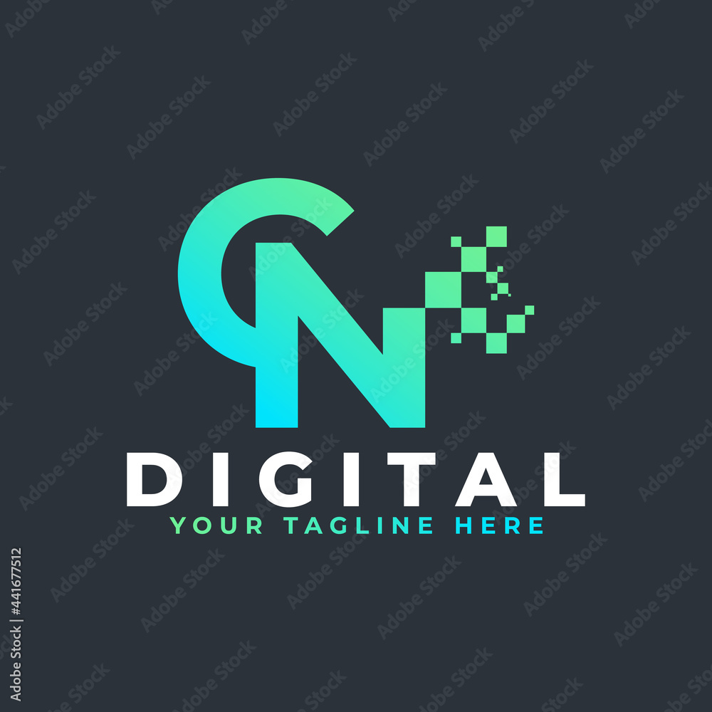 Tech Letter CN Logo. Blue and Green Geometric Shape with Square Pixel ...