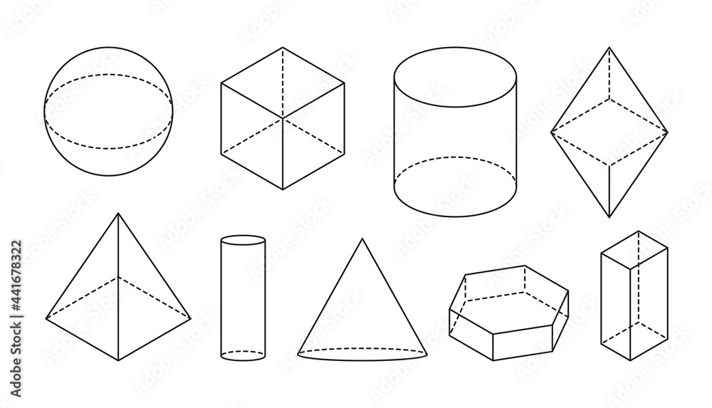 Volumetric basic geometric shapes. Black linear simple 3d figure with ...