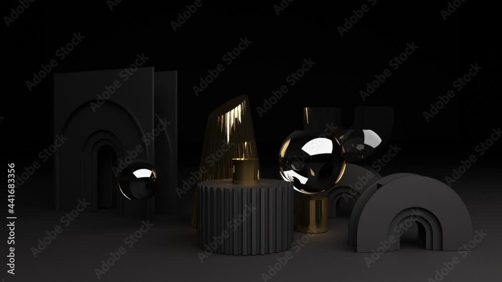 Position the geometric shapes with shiny black textures and mirrors on ...