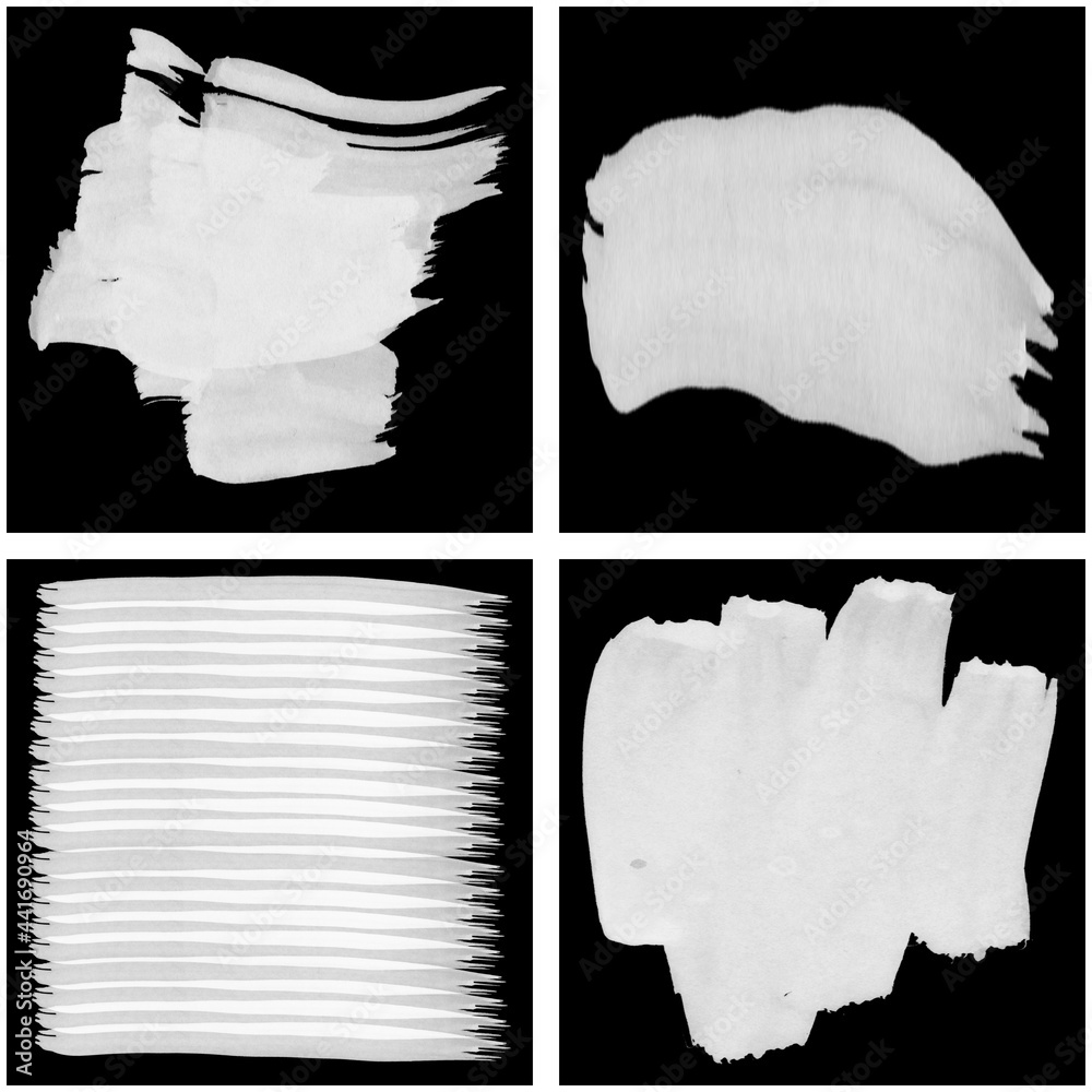 Abstract White brush stroke drawn design elements on black paper ...