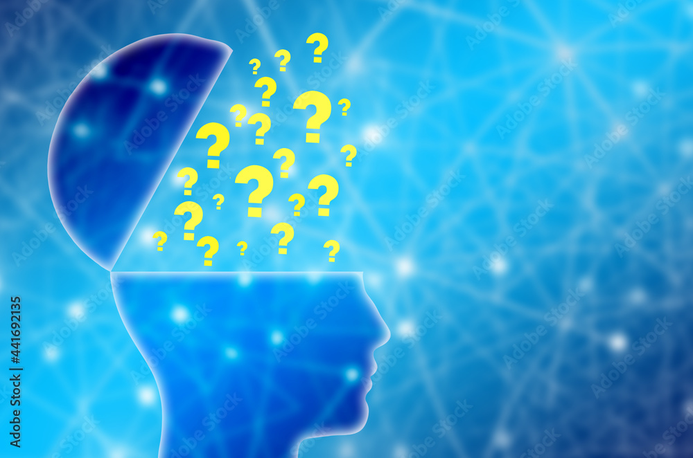 open human head with question marks coming out, open mind concept Stock ...