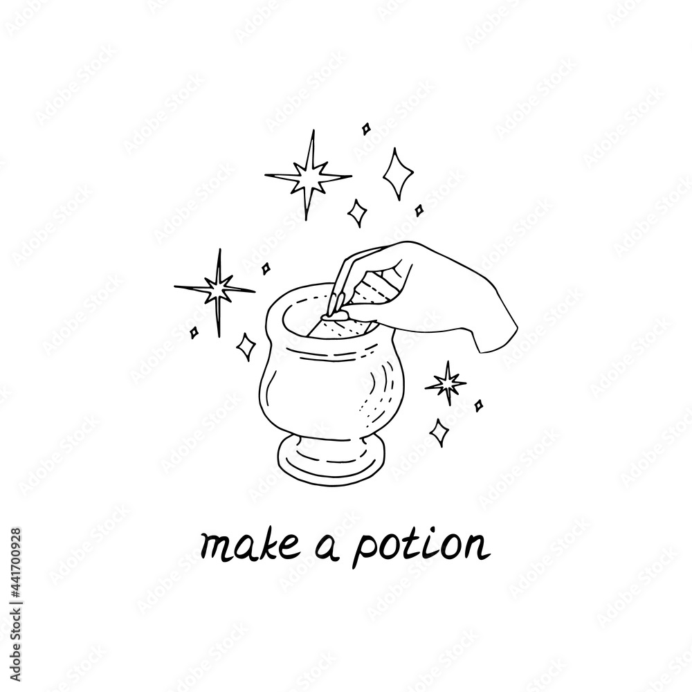Line art illustration of hand drawn witch hands holding stone mortar ...