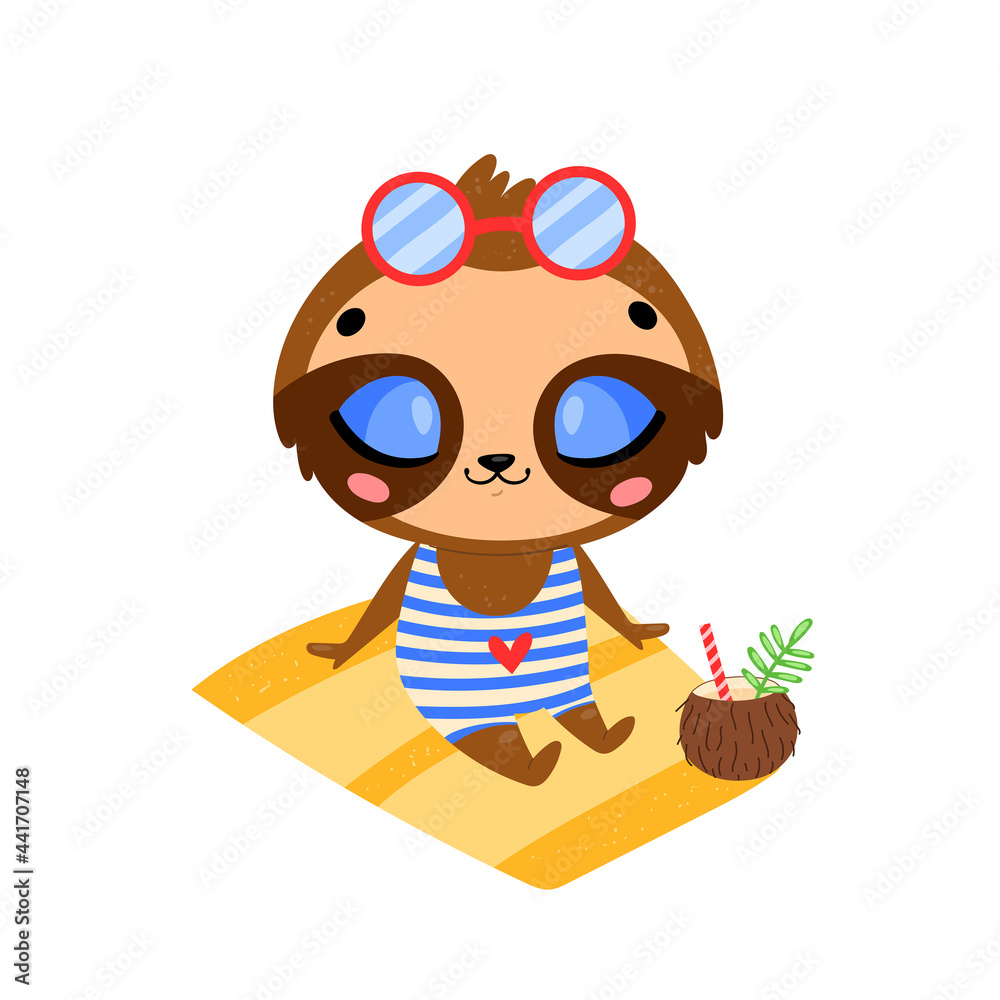 Flat doodle cute cartoon summer sloth sunbathing on the beach. Tropical ...