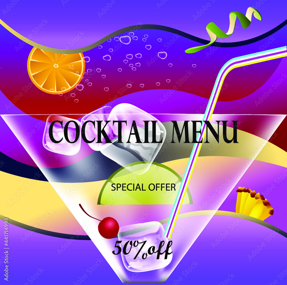 Cocktail menu design with a glass of martini and fruit. Fast food menu ...