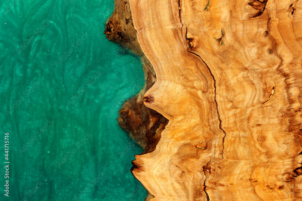 turquoise epoxy resin panel with walnut, texture for design Stock Photo ...