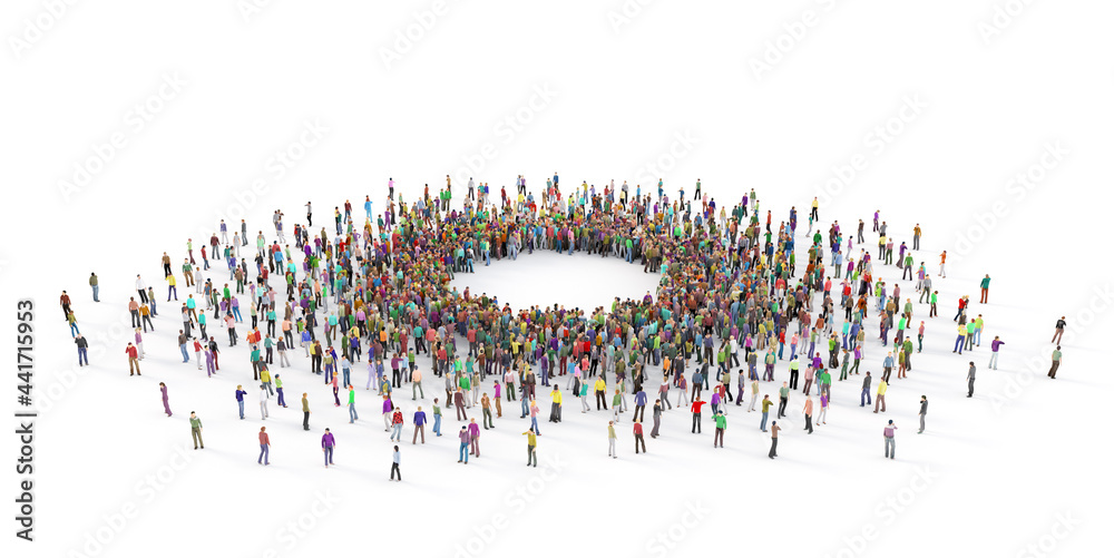 Crowd of people around of empty circle on a white background. 3d ...