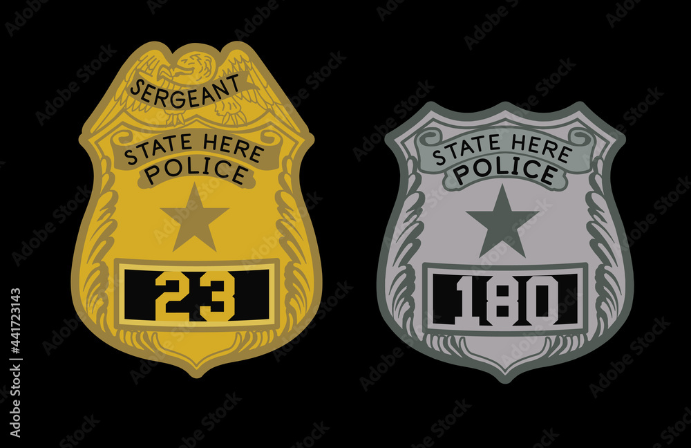 Police and Sergeant Badges with Eagle, Banners and numbers. Golden and ...