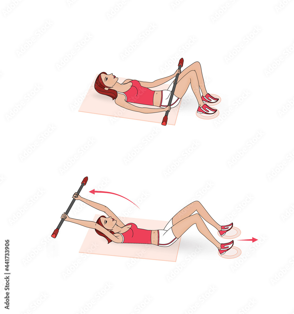 Girl performs an exercise with a gymnastic stick for arms and back ...