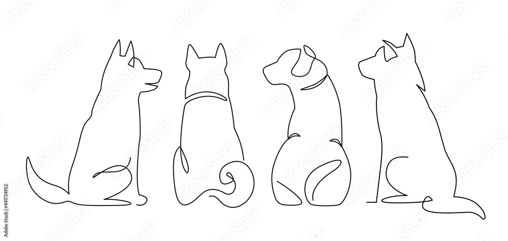 Continuous One Line Drawing of sitting dog from back. Hand drawn ...