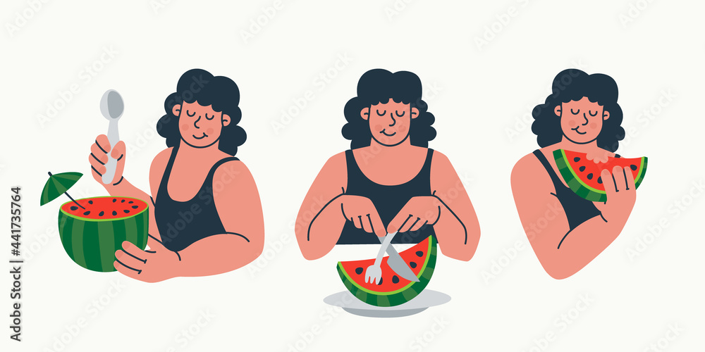 Set of characters women eating watermelon. How to eat a watermelon ...