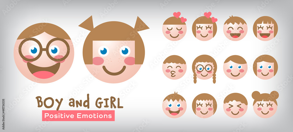 Set of smiling faces of kids. Illustration of cute boys and girls faces ...