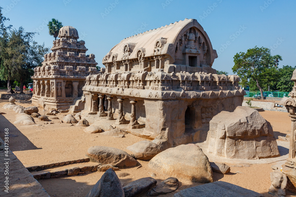 Exterior of the Bhima Ratha, one of the Pancha Rathas (Five Rathas) of Mamallapuram, an Unesco ...
