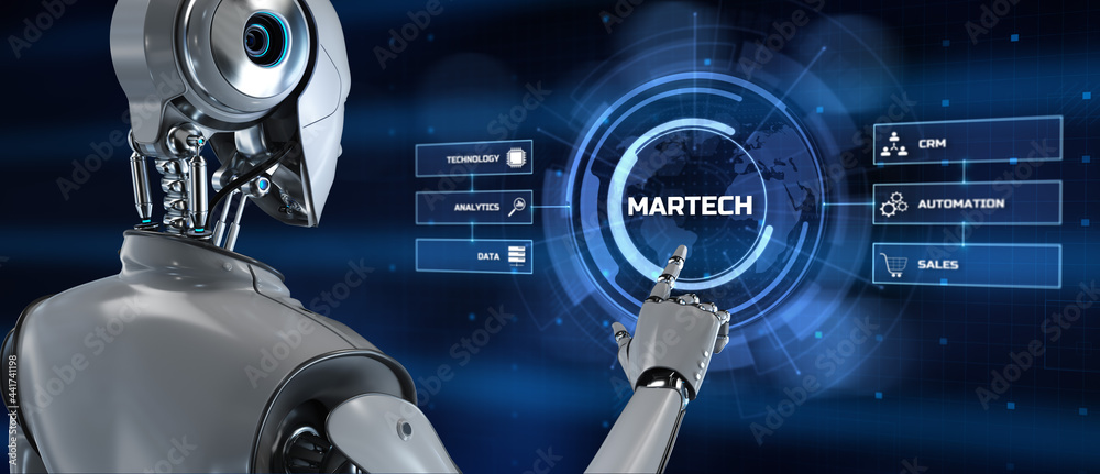 Martech Digital marketing automation technology concept. Robot pressing button on screen 3d ...