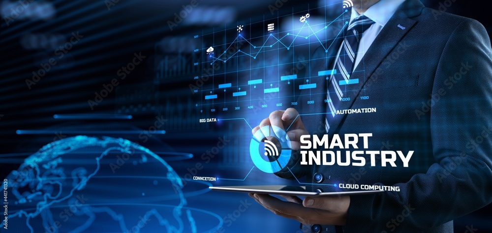 Smart industry 4.0 manufacturing technology concept on screen. Stock ...