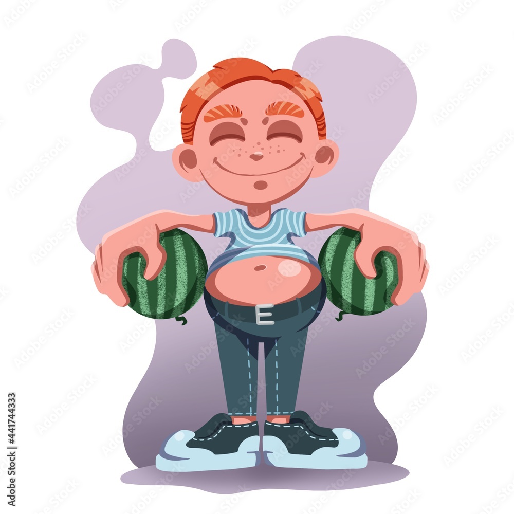 Cartoon cute potbelly man holds two watermelons on pastel purple ...