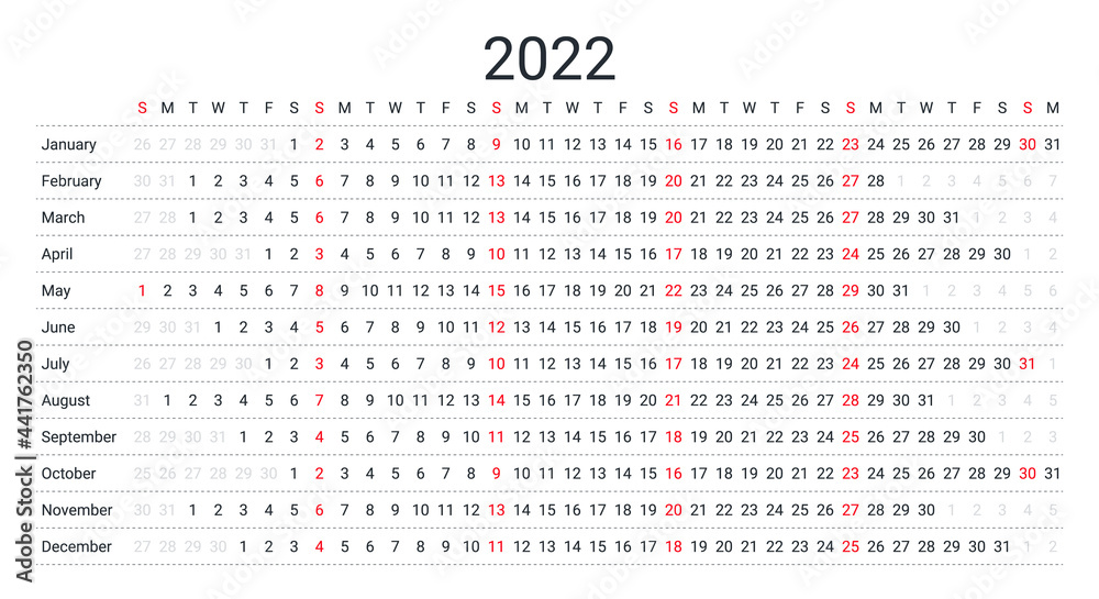 Linear 2022 calendar. Planner template for year. Yearly horizontal ...