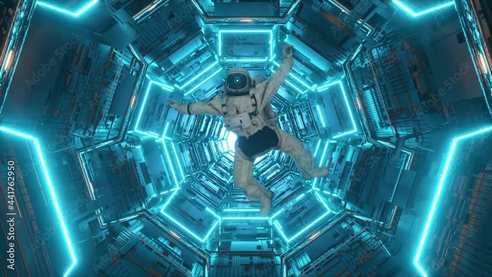 Astronaut falling in the corridor of a spaceship. Sci-Fi futuristic ...