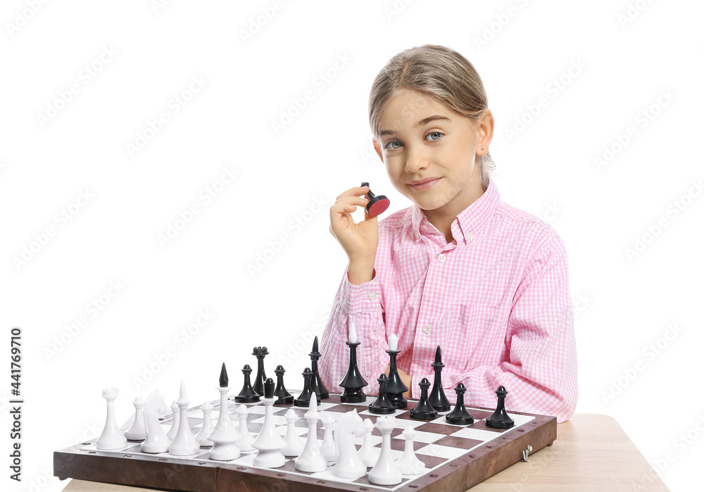 Cute little girl playing chess on white background Stock Photo | Adobe ...