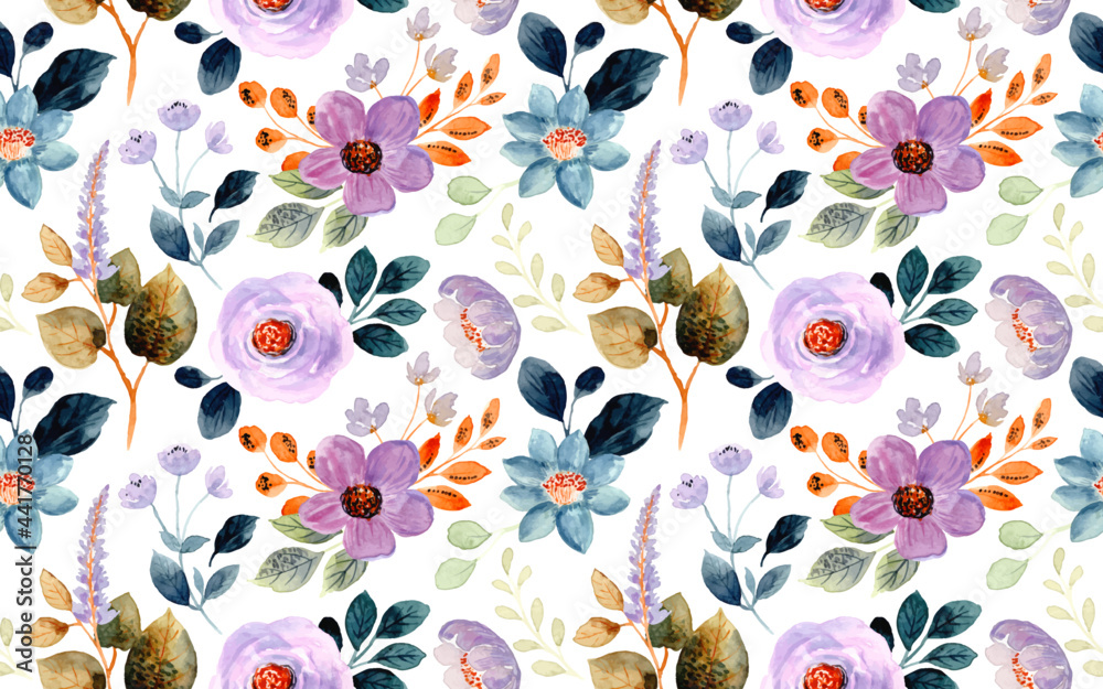 Seamless pattern of purple floral watercolor Stock Vector | Adobe Stock