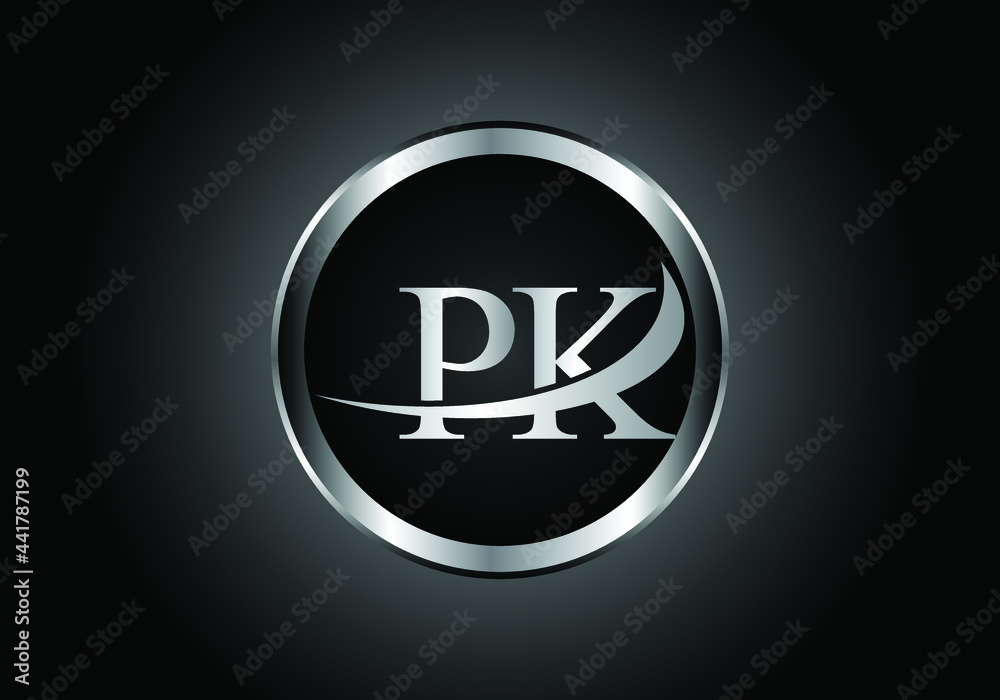 silver letter PK metal combination alphabet logo icon design with grey ...