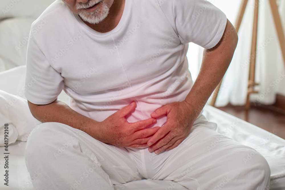 Asian Elderly senior man stomach ache so pain illness,food poisoning in ...